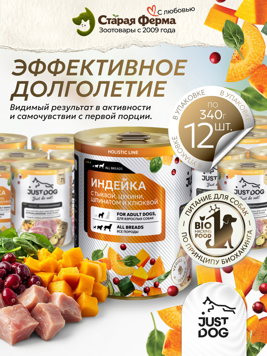 Влажный корм для собак Just Dog Holistic, с индейкой, тыквой, цукини, шпинатом и клюквой, 340 г х 12 шт (консервы)