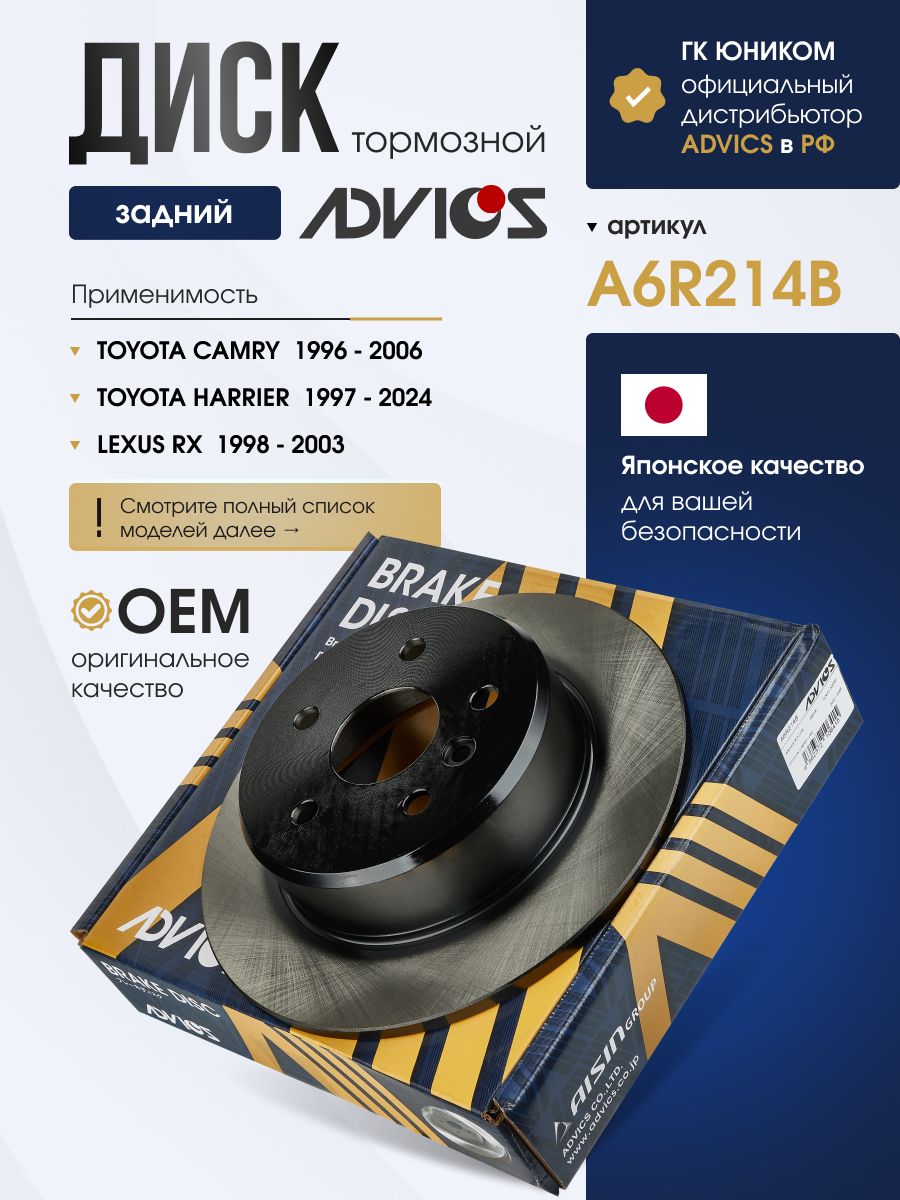 Диск тормозной задний TOYOTA HARRIER U10 (97-03), KLUGER U20 (00-07), CAMRY V30 (01-06) / LEXUS RX300 (98-03) ADVICS A6R214B