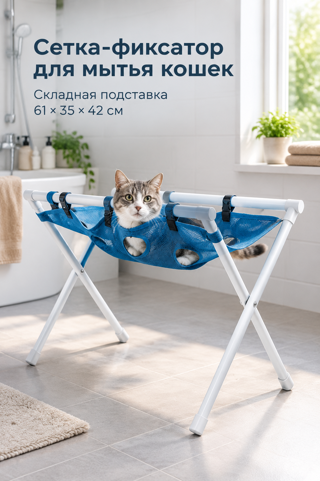 Складная подставка с сеткой-фиксатором для мытья кошек, 61 × 35 × 42 см, синяя