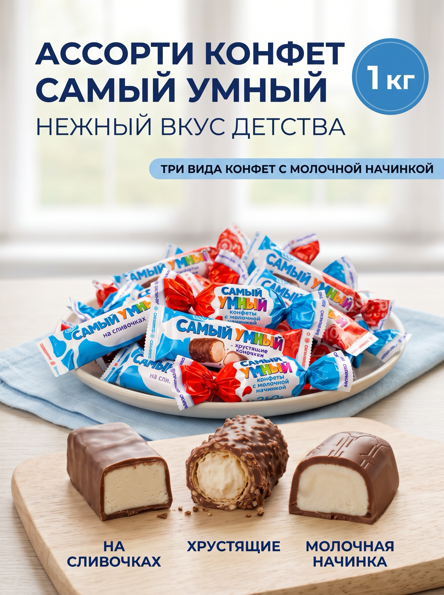 Конфеты шоколадные Самый умный ассорти 1 кг Сладунница, глазированные с молочной начинкой, на сливочках, хрустящие