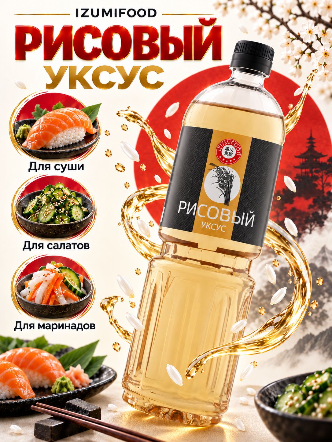 Рисовый уксус IzumiFood для суши, роллов и маринадов, 1,5 л