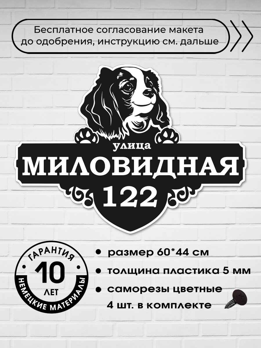Адресная табличка с собакой кинг чарльз спаниель, черная, 60х44 см.