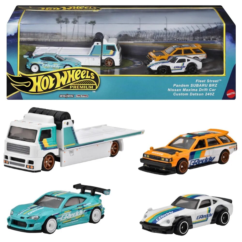 Машинка Hot Wheels Premium Garage Pandem Subaru BRZ+Nissan Maxima Drift Car+Custom Datsun 240Z+Fleet Street