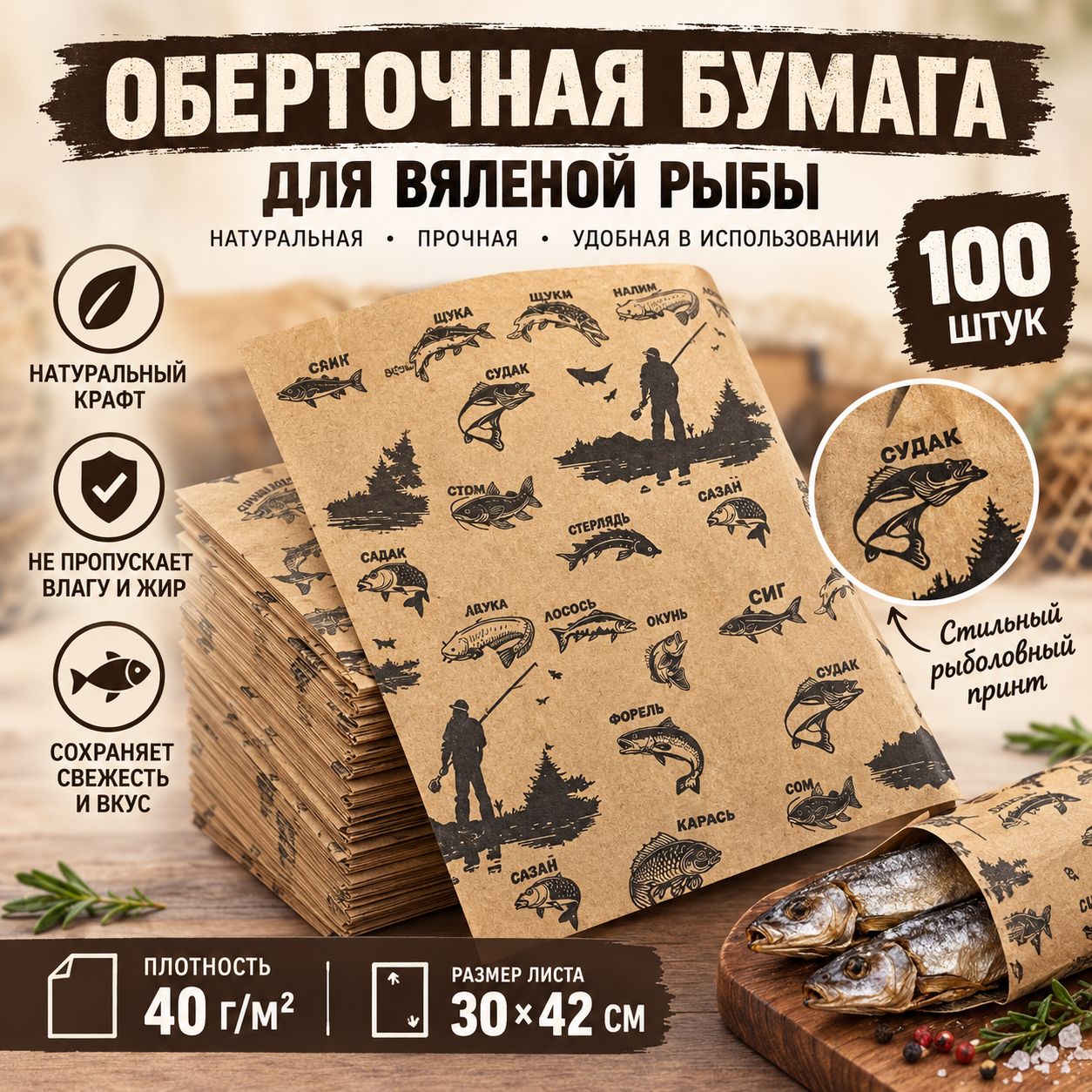 Бумага упаковочная пищевая в листах для рыбы /Крафт листы 42*30 см с печатью Рыбак/Оберточная бумага для сушенной, копченой, вяленой рыбы крафтовая 38 гр/м
