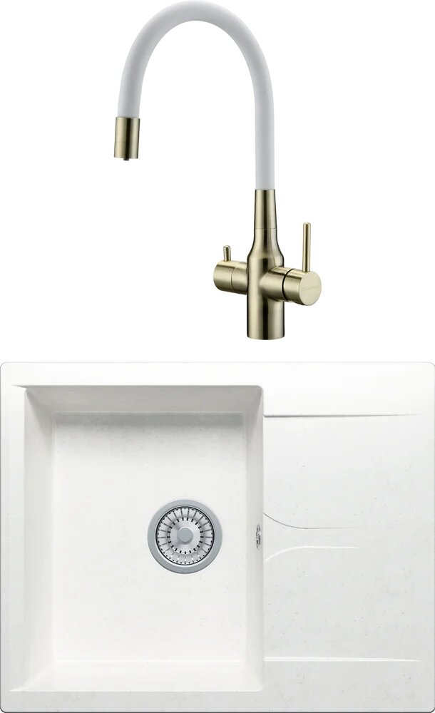 Комплект Мойка Polygran Gals 620 62x50, белая хлопок, искусственный гранит / Смеситель Paulmark Salix 213419-BRw с гибким изливом, бронза, бронза, белый, с гибким изливом