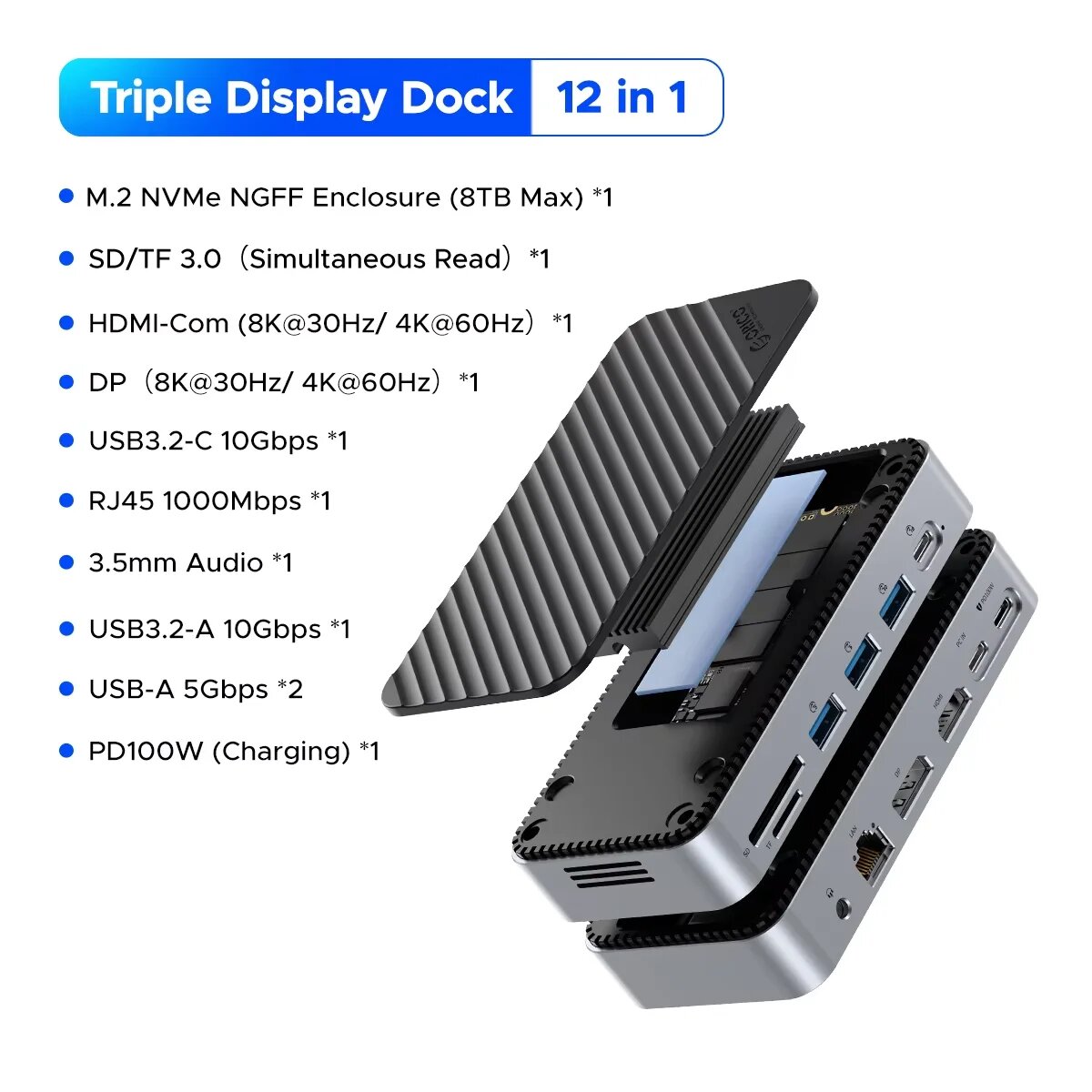 ORICO USB C Док-станция с охлаждением 10Gbps 12 IN 1 Display