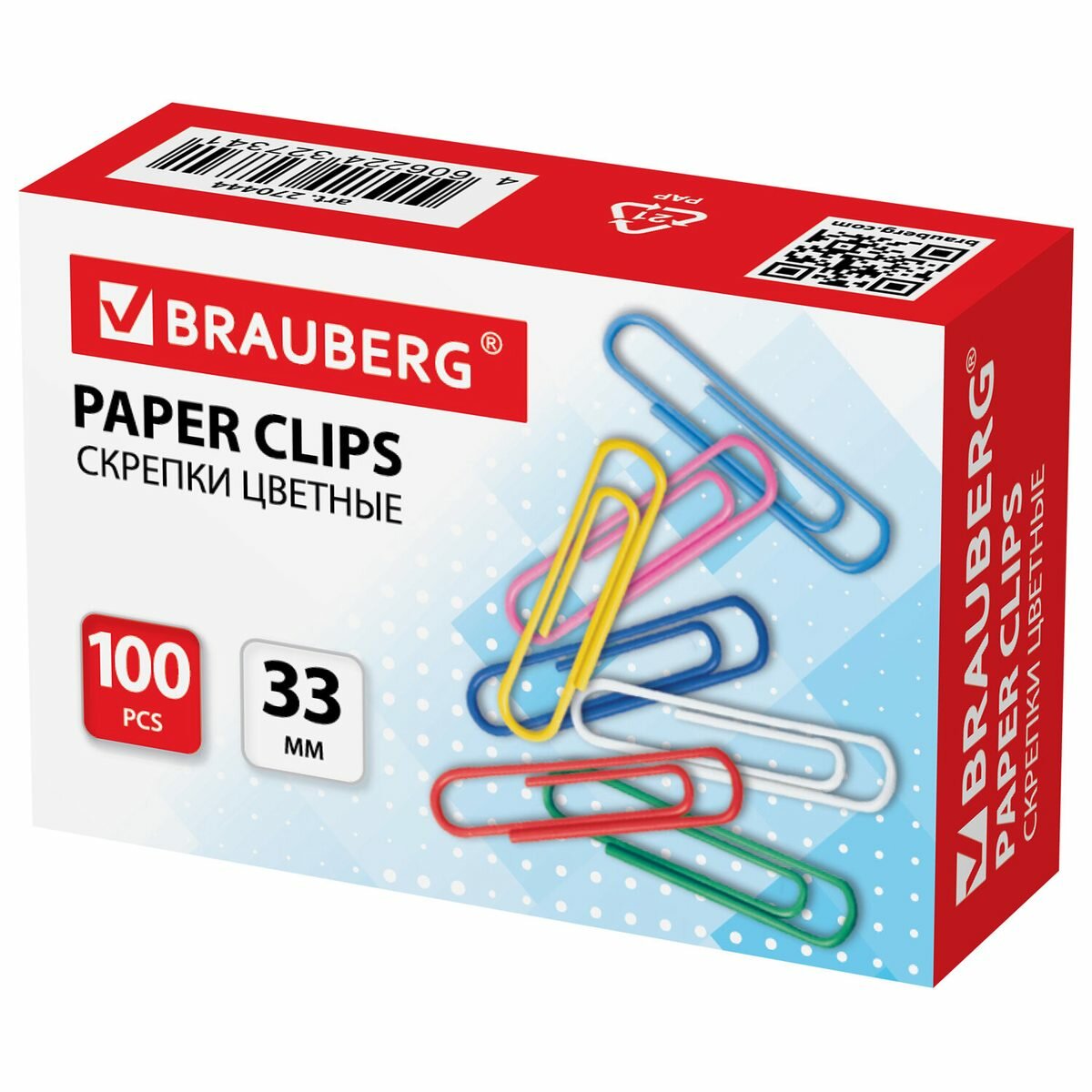 Скрепки Brauberg (33мм, цветные) картонная упаковка, 100шт. (270444)