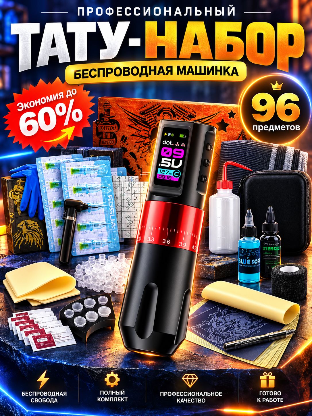 Тату машинка беспроводная KUSH, регулируемый ход иглы 2.4-4.2 мм, набор для татуировки, татуажа и ПМ