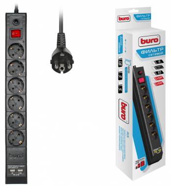Сетевой фильтр Buro BU-SP1.8_USB_2A-B 1.8м (6 розеток) черный