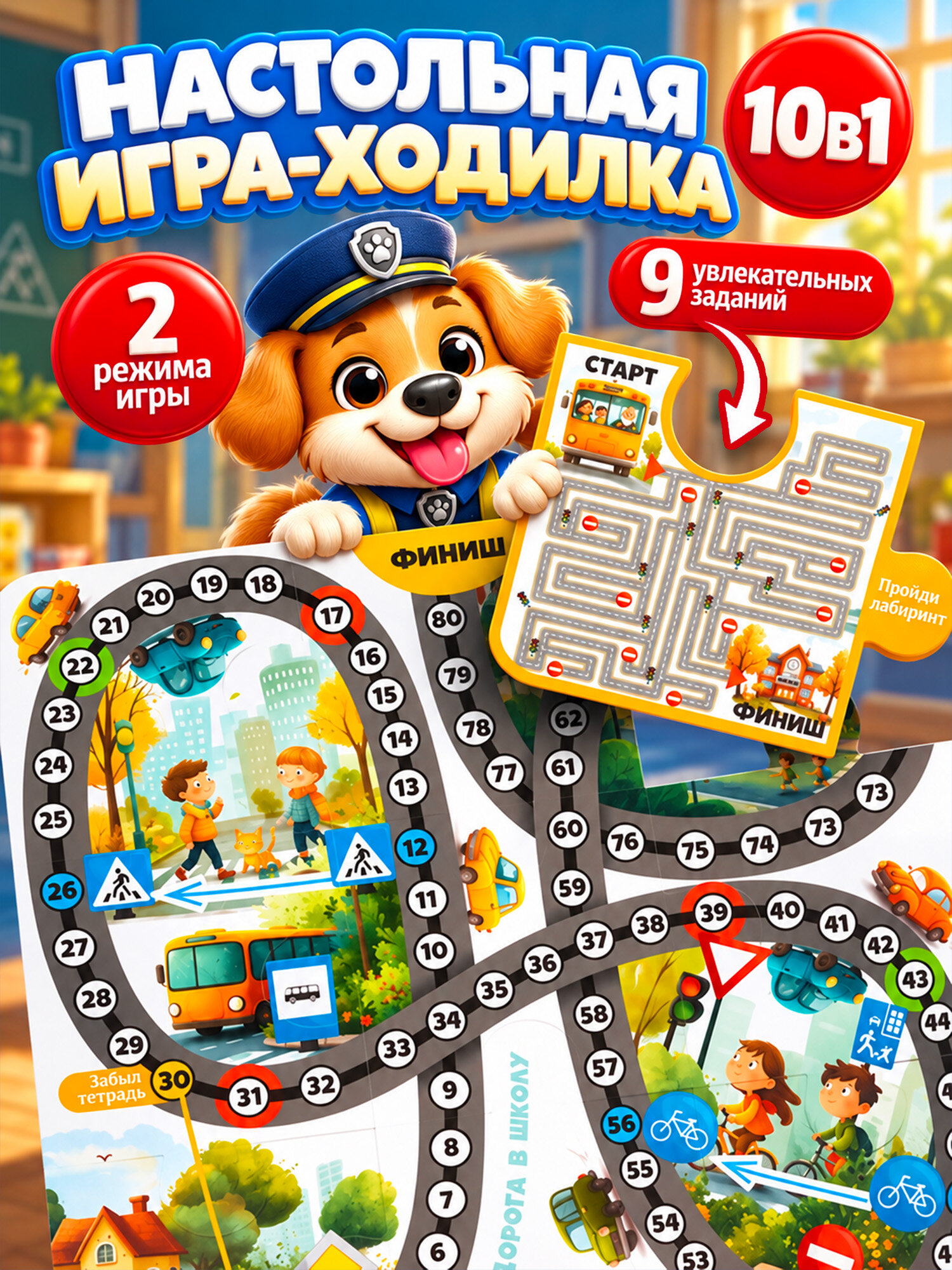 Настольная игра для детей от 5 лет "10 в 1 дорожные игры", мини игры, ходилка с фишками, кубиком и заданиями