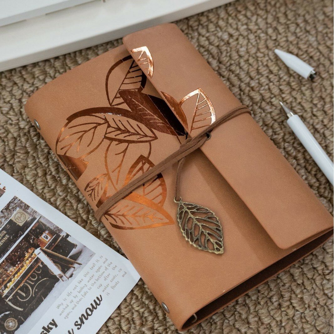 Винтажный блокнот с листьями и ремешком из крафтовой бумаги, loose-leaf планер, журнал, дневник 12.5x18.5 см,
