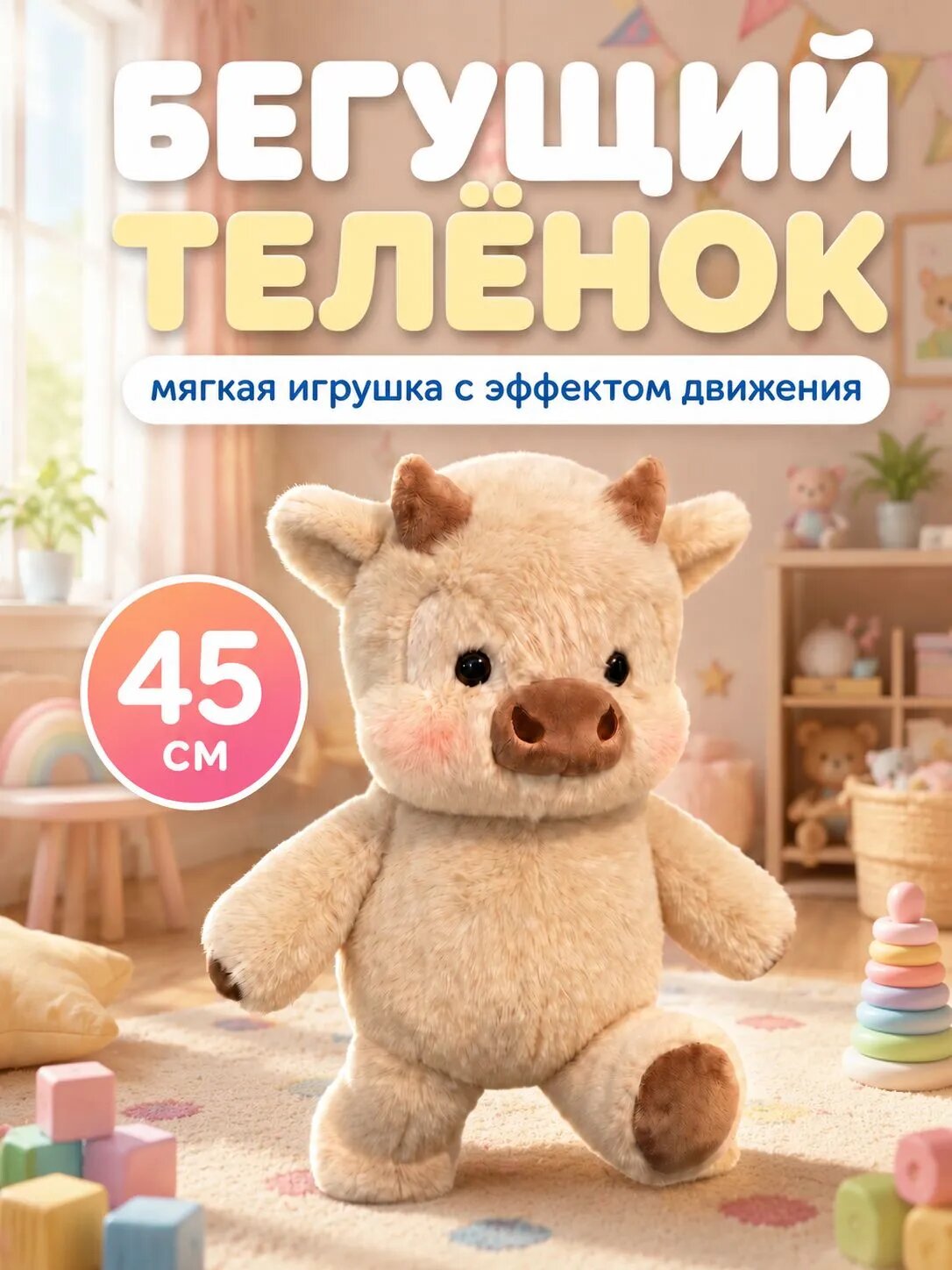 Бегущий теленок игрушка мягкая, 45 см, бежевый / Бегущий бычок / Плюшевый теленок интерактивная игрушка