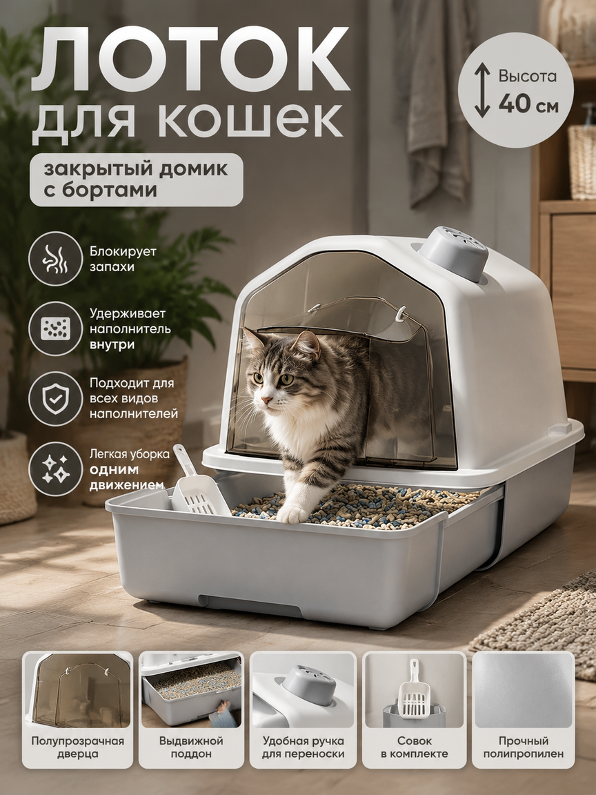 Лоток для кошек закрытый, домик с бортами и выдвижным поддоном, светло-серый, 40 см