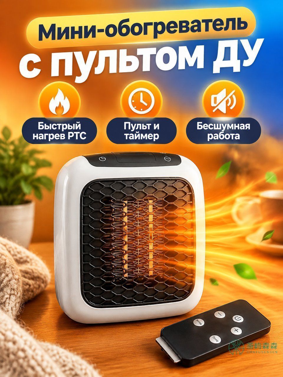 Ветродуйка обогреватель, тепловентилятор для дома напольный, настольный мини с пультом ДУ и таймером для дома, офиса