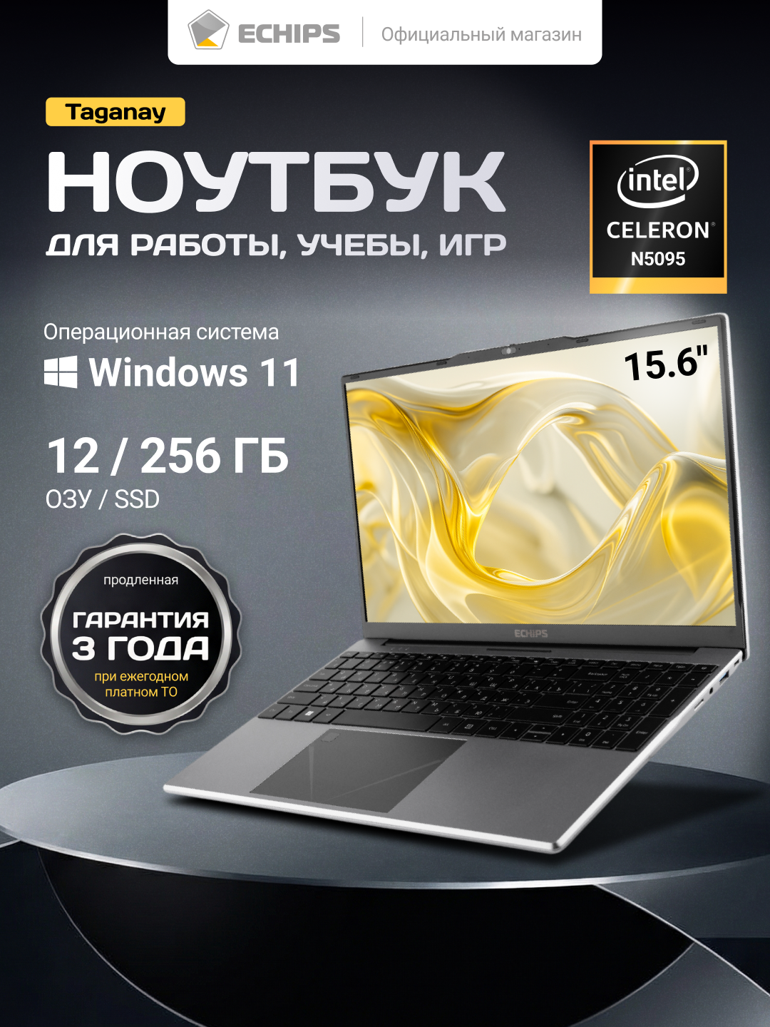 ECHIPS Ноутбук для работы и учебы с windows, IPS экран 15,6" FULL HD 1920x1080, 4 ядра Intel Celeron N5095, ОЗУ 12GB RAM, SSD 256GB Win 11 Home