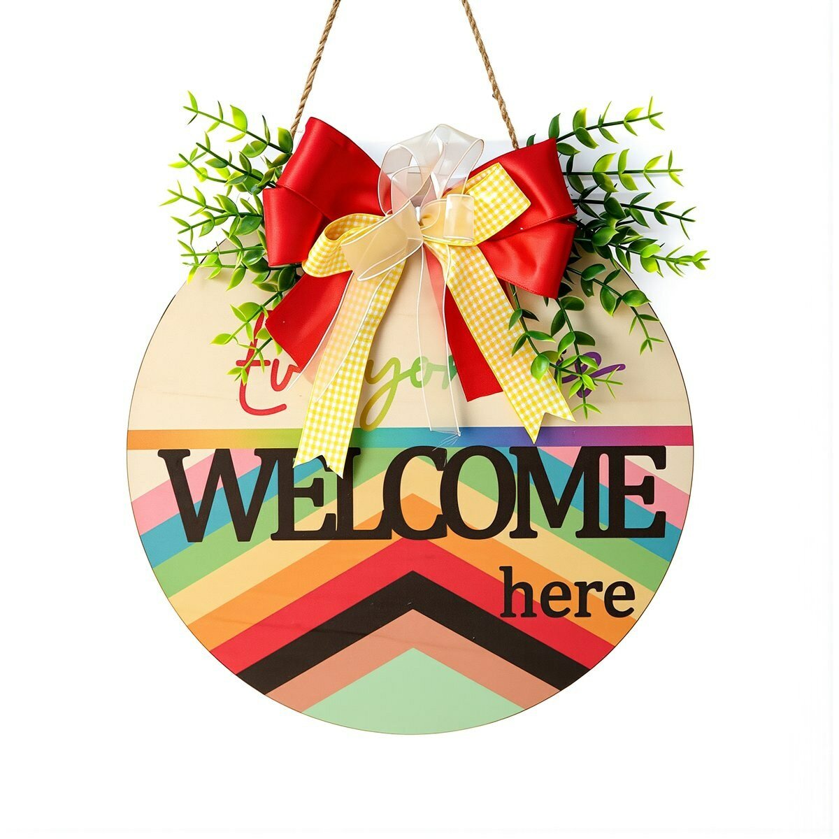 Деревянная декоративная табличка Welcome диаметром 30 см с бантом искусственными растениями подвесная для домашнего интерьера прихожей
