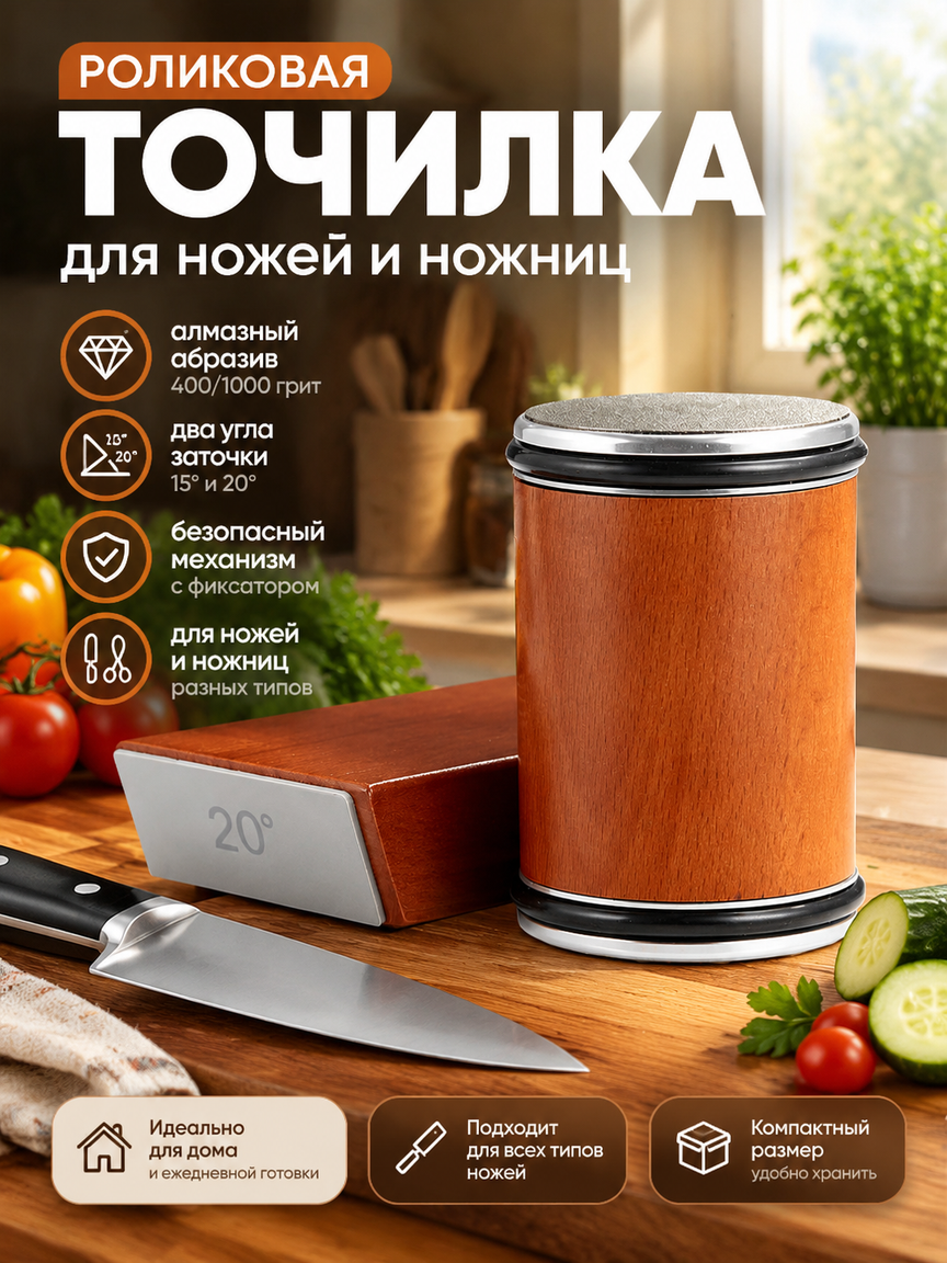 Точилка роликовая для ножей и ножниц, алмазный абразив 400/1000 грит, углы 15° и 20°, коричневый