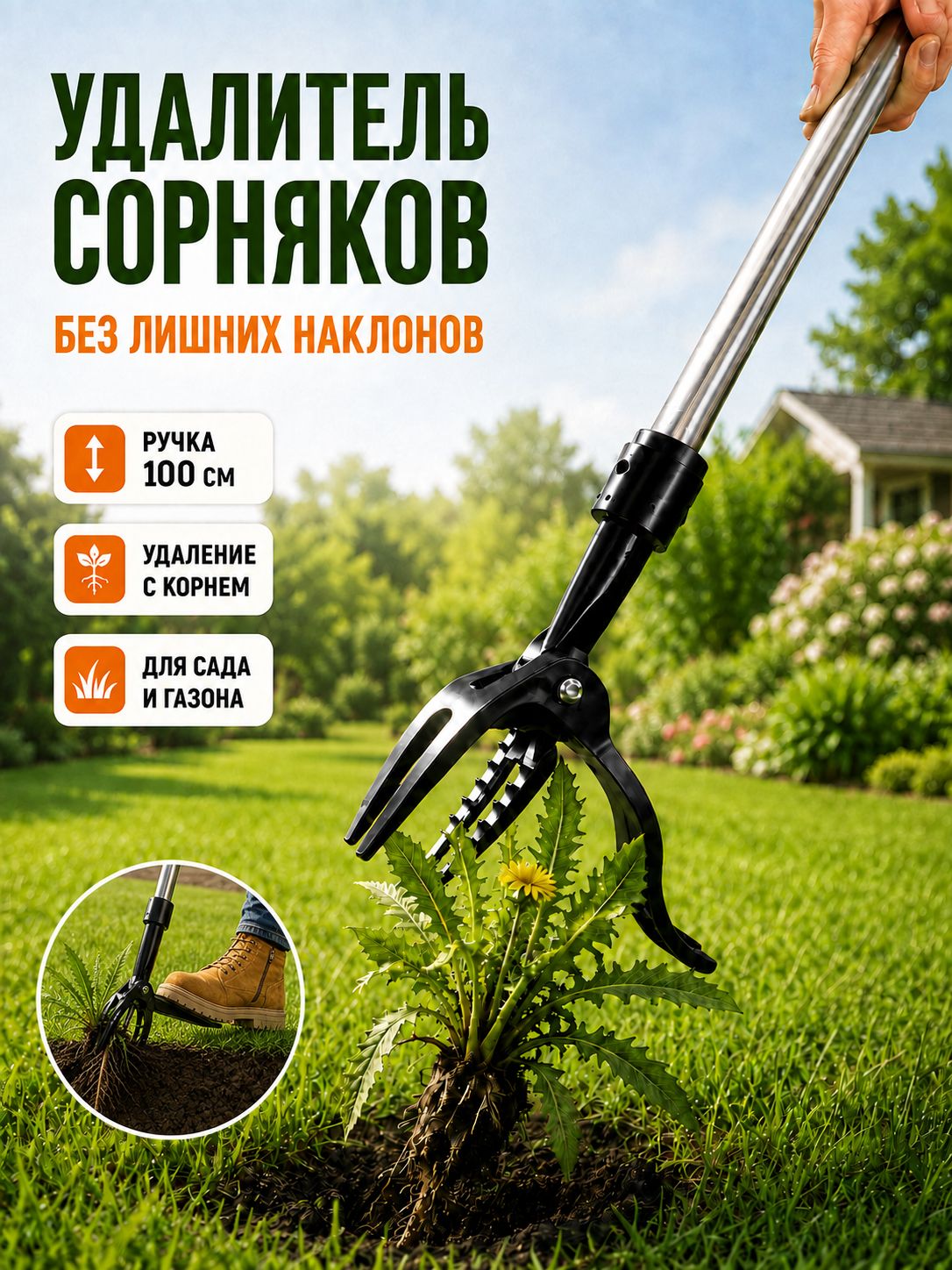 Удалитель сорняков ручной, выдергиватель травы с корнем, садовый инструмент для прополки газона и огорода