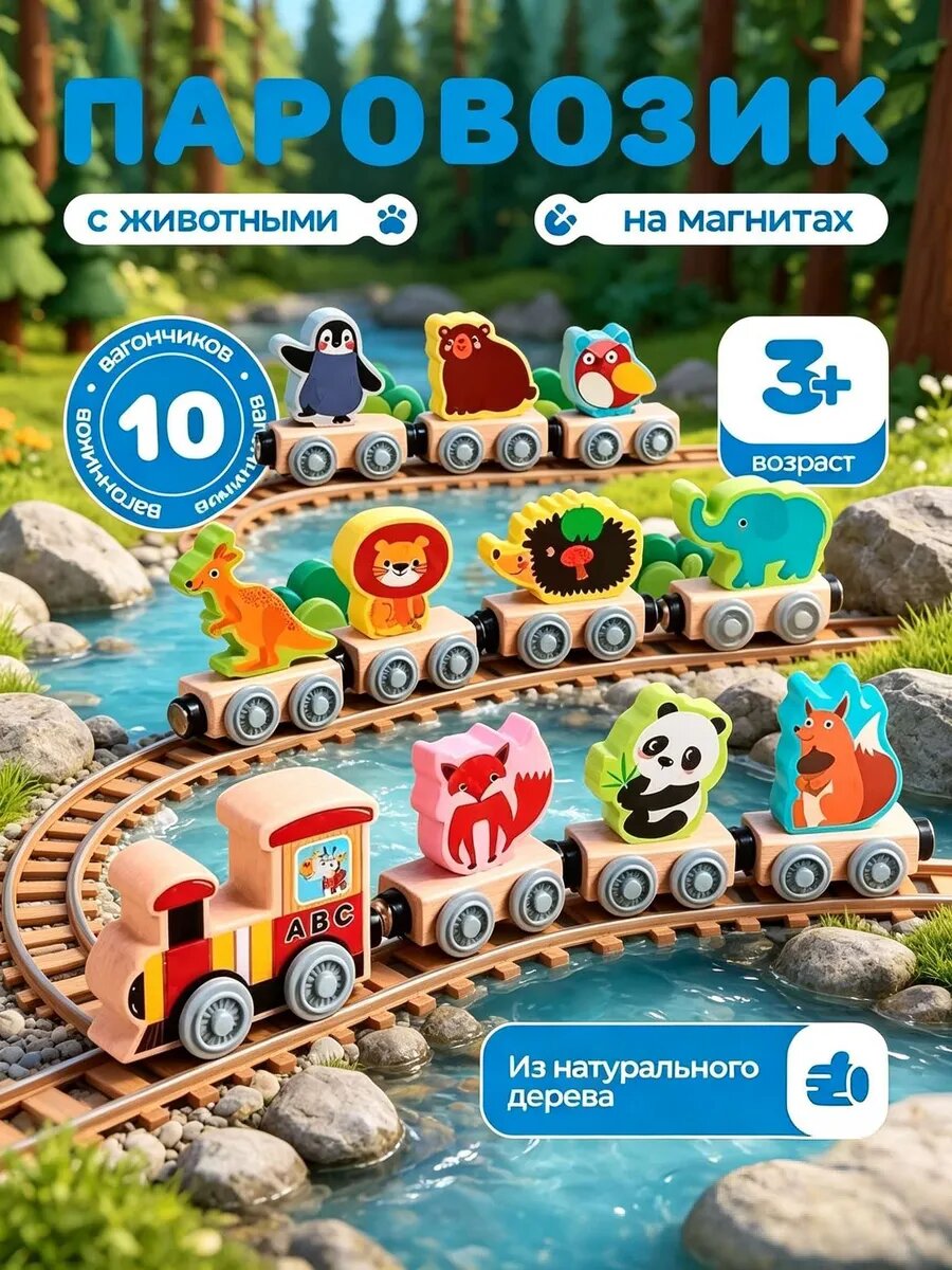 Поезд детский деревянный на магнитах с животными