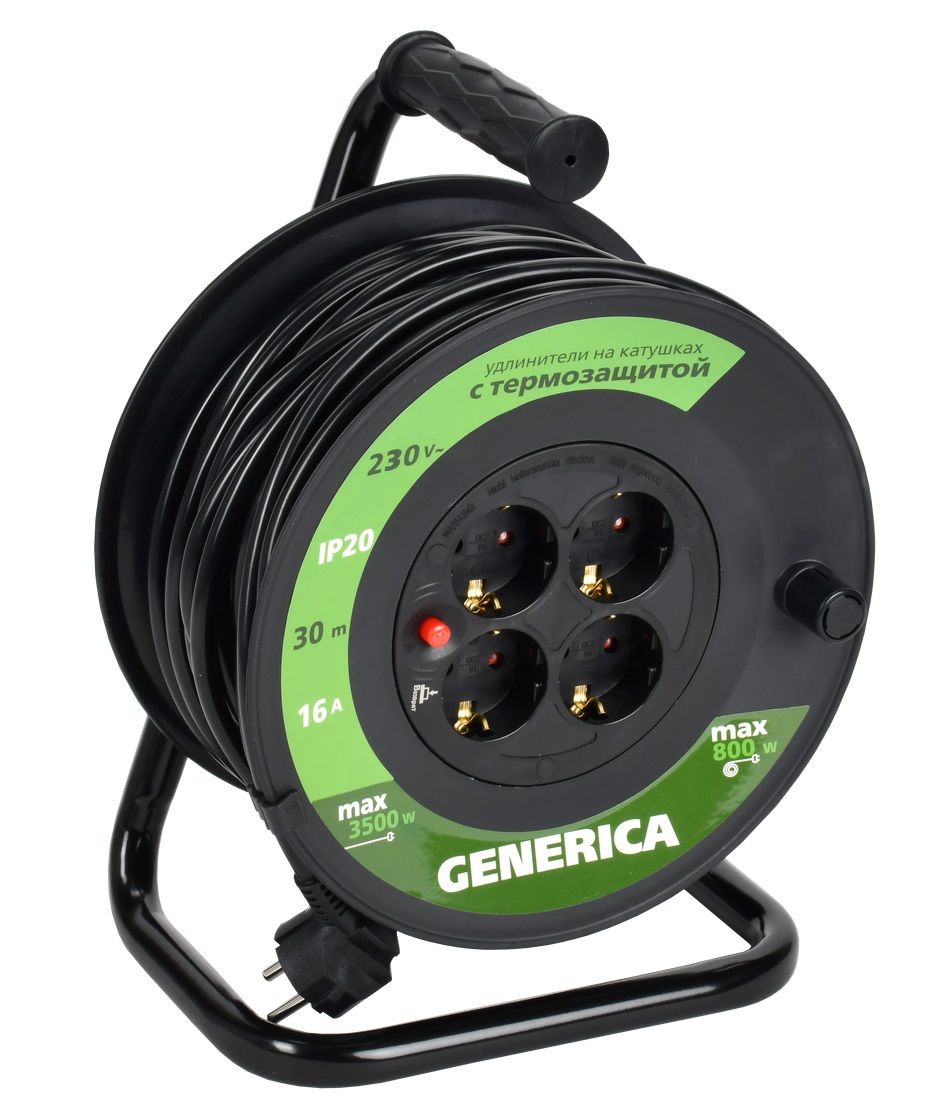 Удлинитель на катушке 4х30м 16А IP20 УК30 2P+PE 3х1.5 термозащита GENERICA WKP20-16-04-30-G