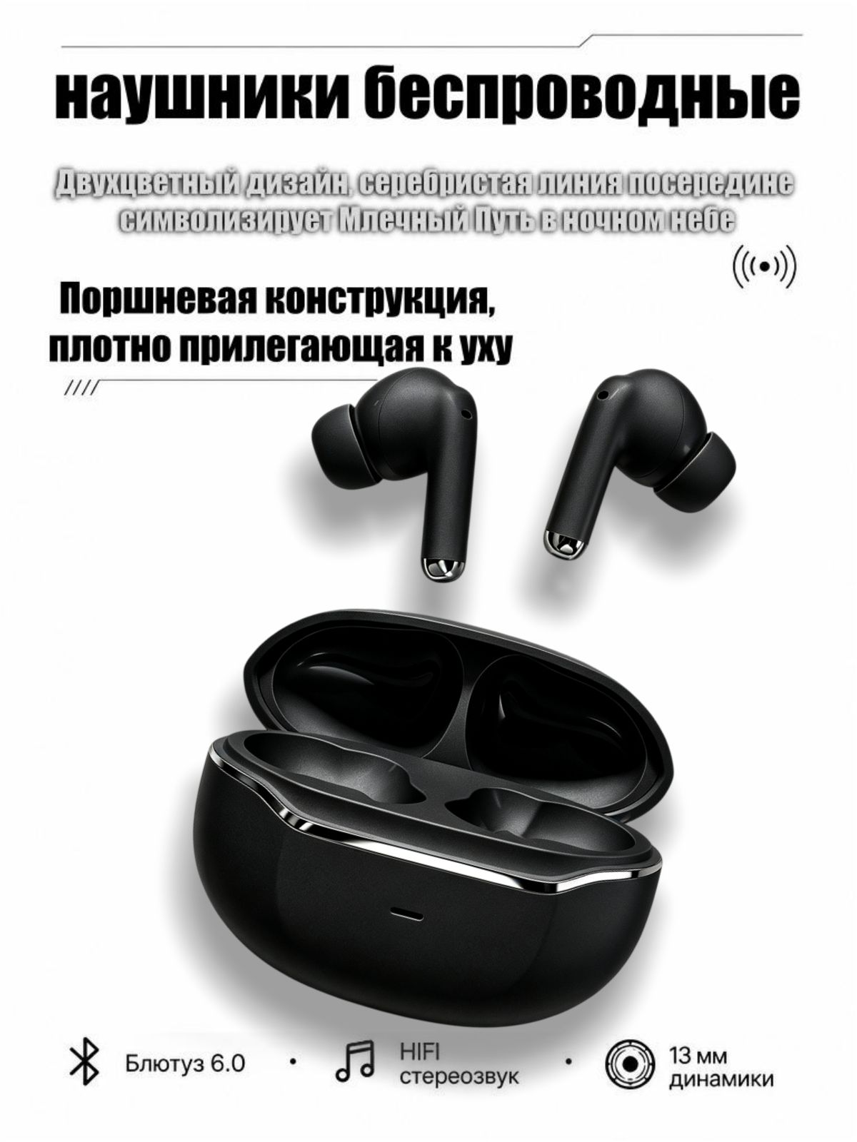 Наушники беспроводные/Наушники беспроводные с микрофоном/Беспроводные наушники для Android и iPhone, Высококачественный стереозвук, Комфортная посадка, Подходит для занятий спортом/работы/отдыха , black