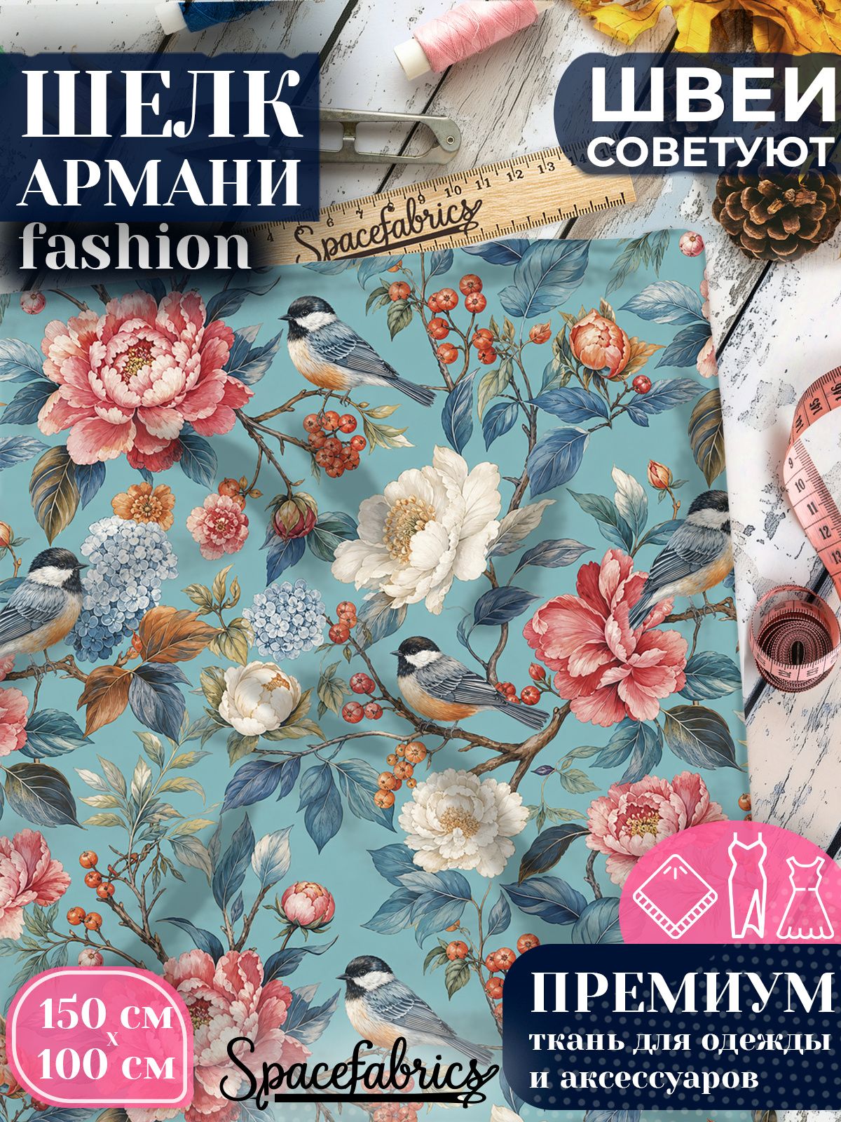 Ткань для шитья шелк Армани, искусственный шелк для костюмов, платьев, юбок с принтом Синицы