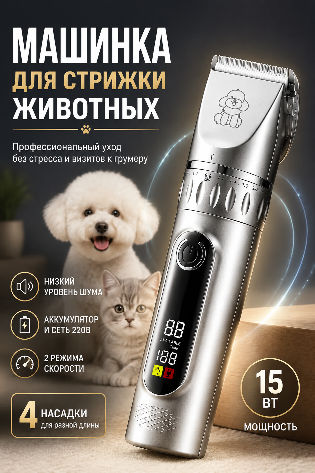 Аккумуляторная машинка для стрижки животных 15 Вт, 4 насадки, 2 скорости