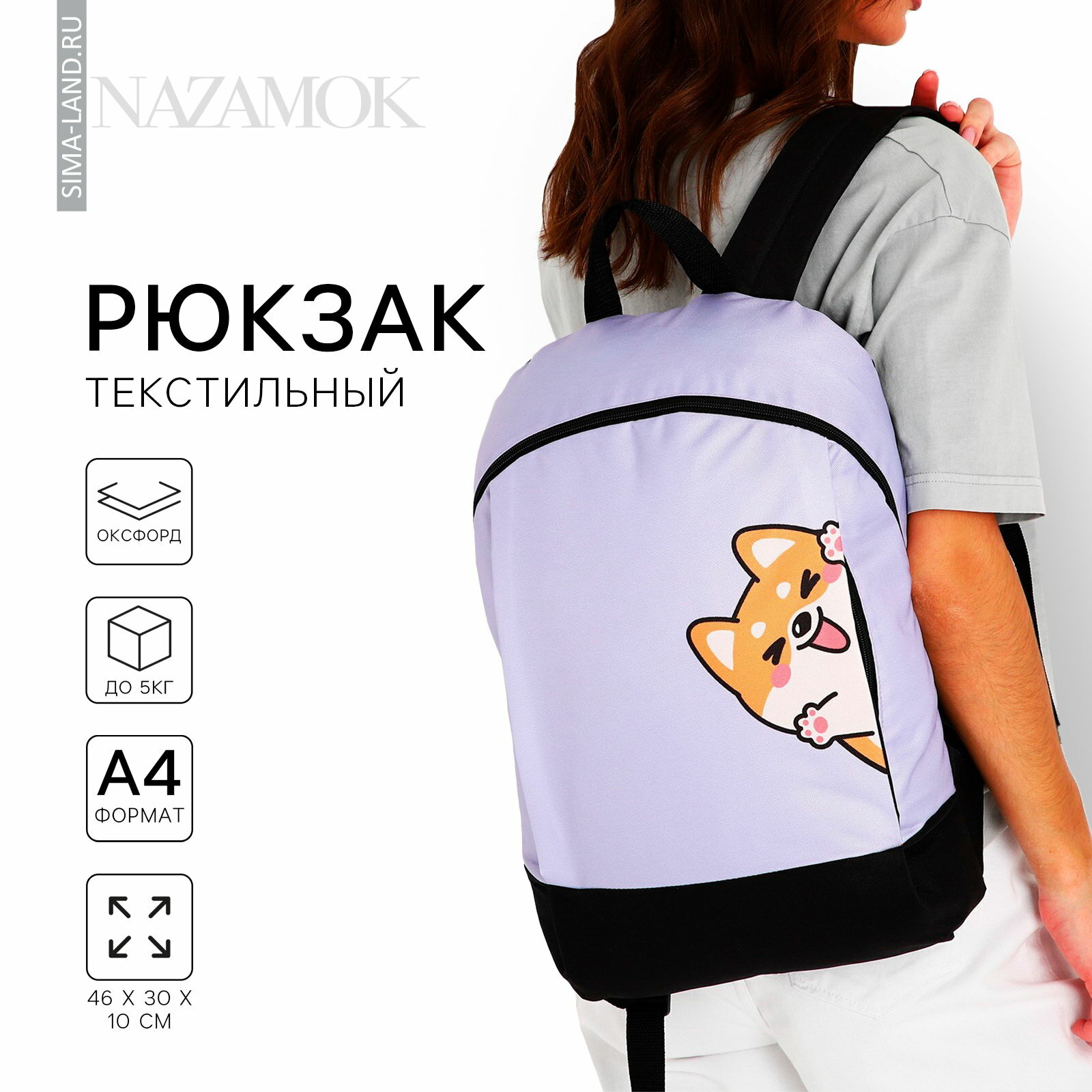 Рюкзак школьный текстильный "Корги", 46x30x10 см, вертикальный карман, фиолетовый