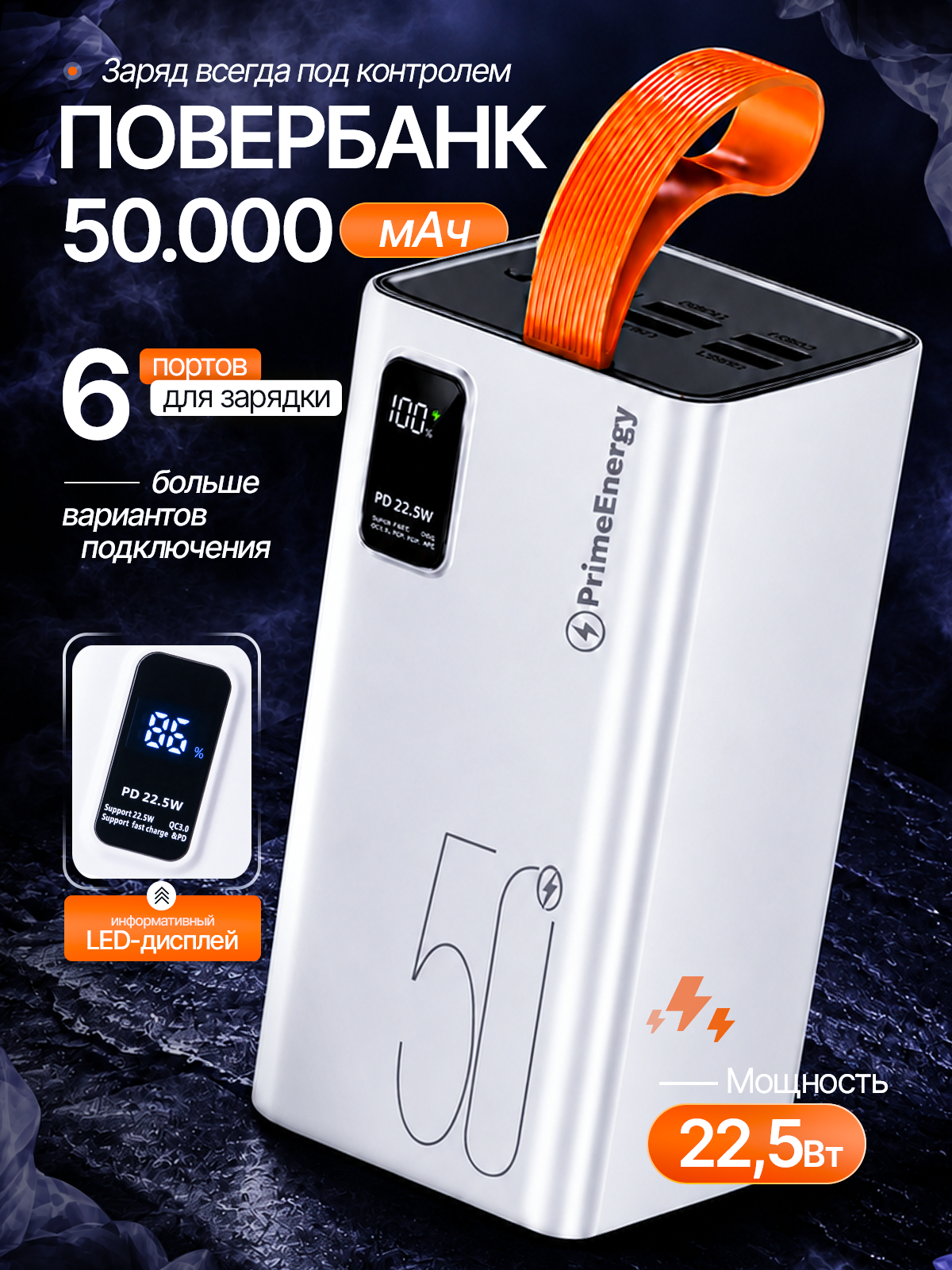 Повербанк Powerbank 50000mah с быстрой зарядкой, внешний аккумулятор для телефона iPhone, Xiaomi, Samsung, белый