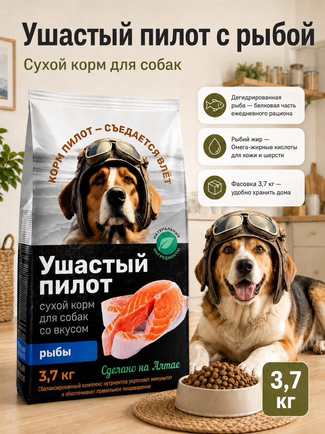 Корм для собак сухой Ушастый пилот с рыбой 3,7 кг.