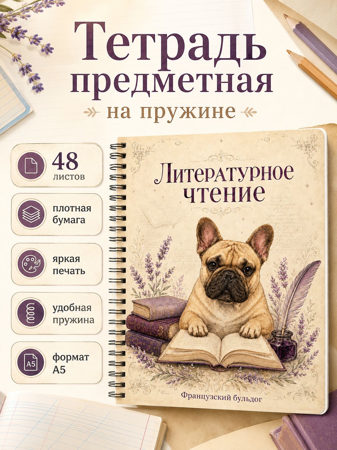 Тетрадь предметная в косую линейку Литературное чтение, на пружине, 48 листов