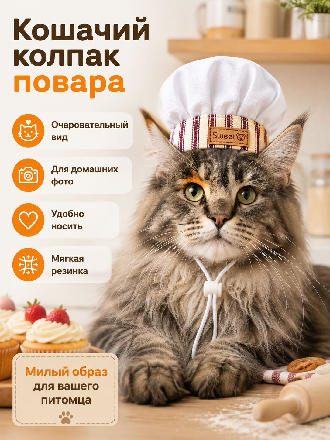 Поварской колпак для кошек и собак, для фотосессий, праздников и забавных образов, текстильный с регулируемым шнурком и полосатой отделкой, бело-бордовый, универсальный размер, 1 шт.