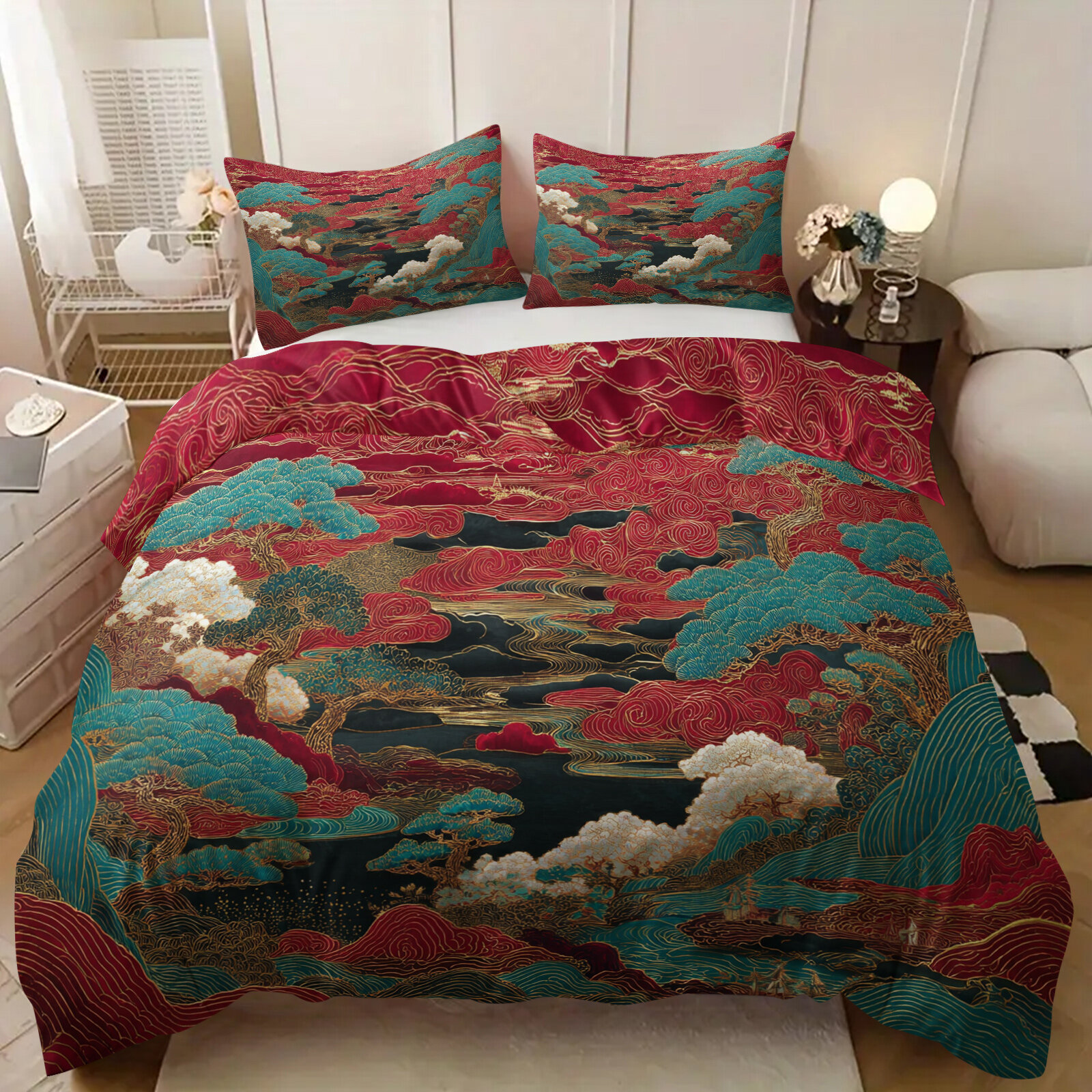 Постельное белье 2-спальное, евро простынь 200x220cm,2 наволочки 70х70, Японская Волна полисатин спальный комплект