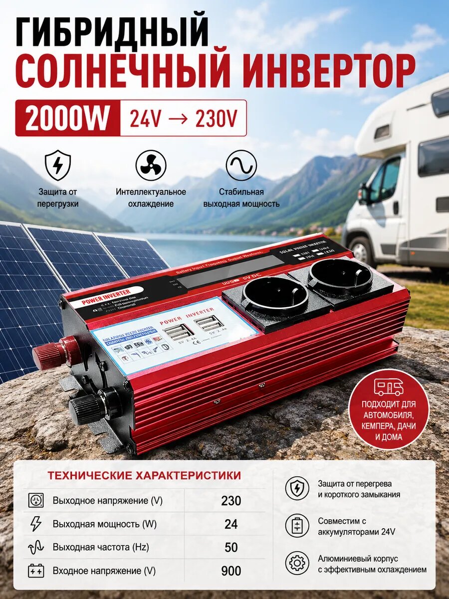 Инвертор 12/24В–220В для авто и солнечных систем