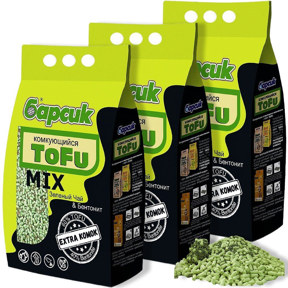 Наполнитель для кошачьего туалета комкующийся Барсик TOFU MIX зеленый чай + бентонит 4,54л - 3 упаковки