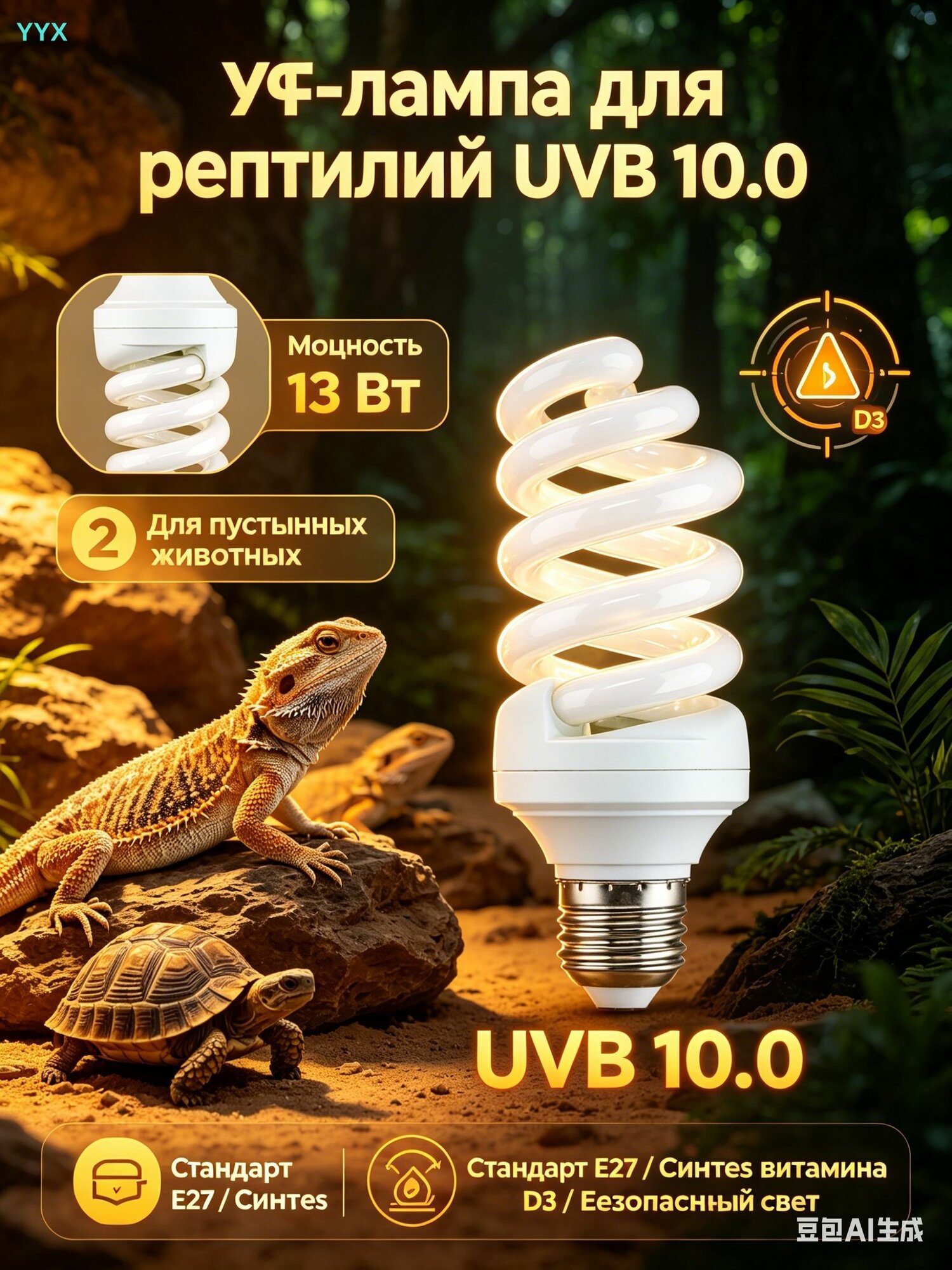 Лампа ультрафиолетовая для рептилий 10.0, 13 Вт, цоколь E27.