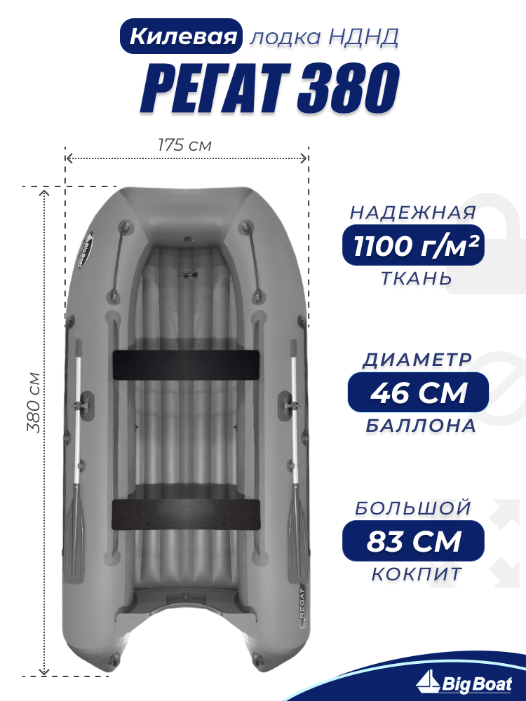 Надувная, под мотор, килевая лодка из ПВХ для рыбалки Regat (Регат) 380К НДНД
