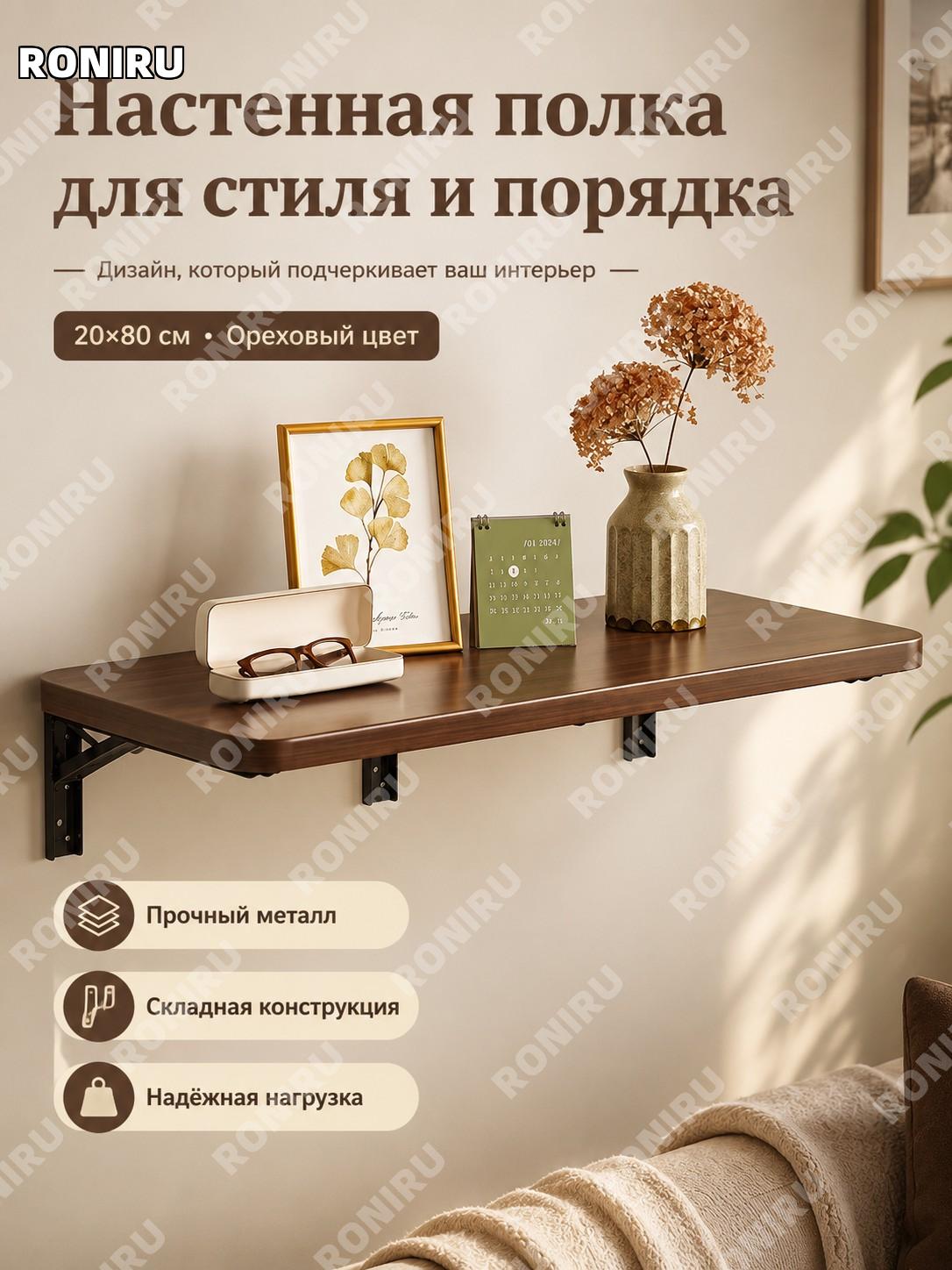 Настенная полка 20×80 см орехового цвета складная металлическая, настенный стеллаж для хранения и декора дома!