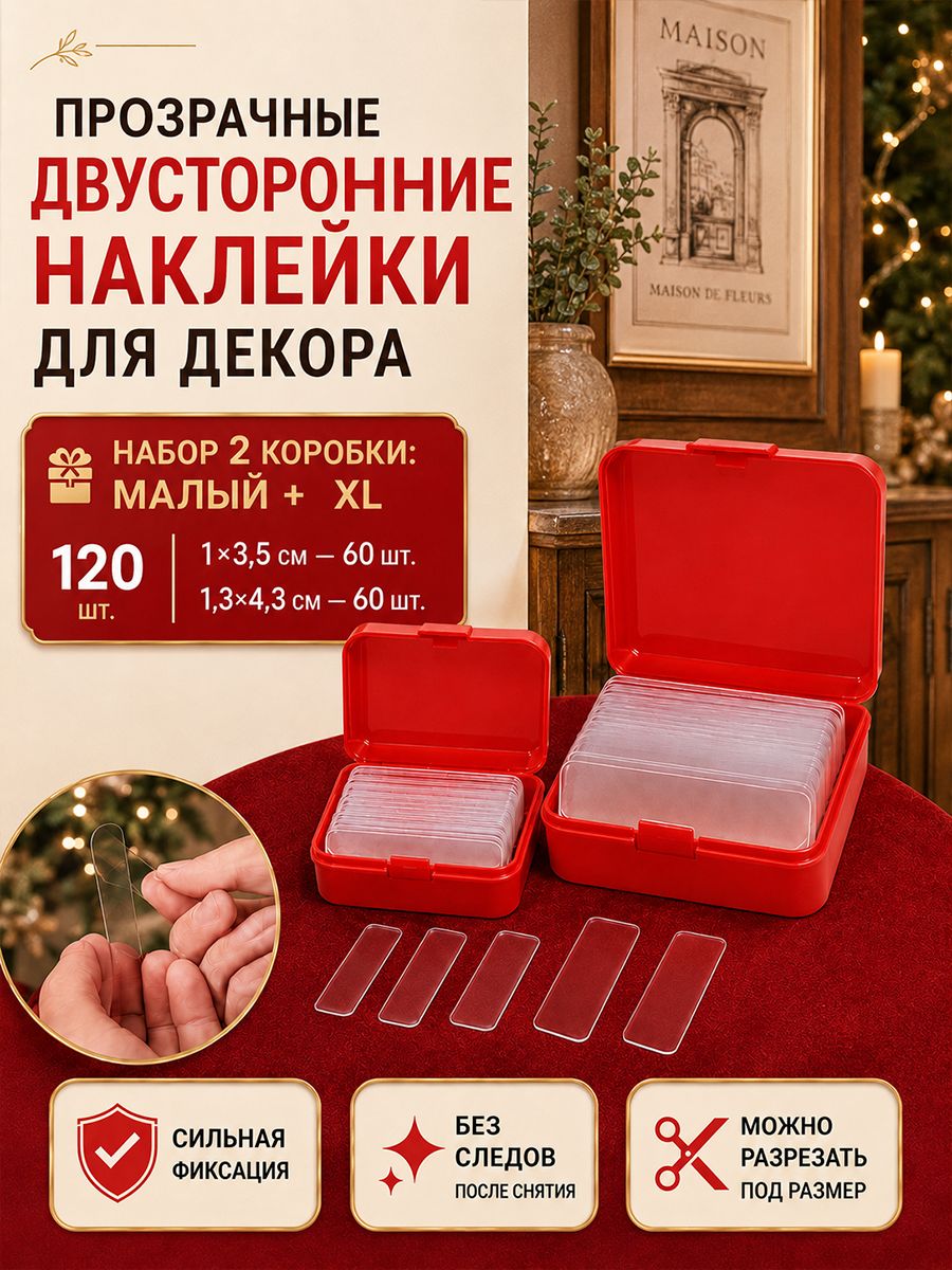 Прозрачный двухсторонний скотч-наклейки 120 шт (2 коробки, 2 размера), сильная фиксация без следов, водостойкий, для декора и дома