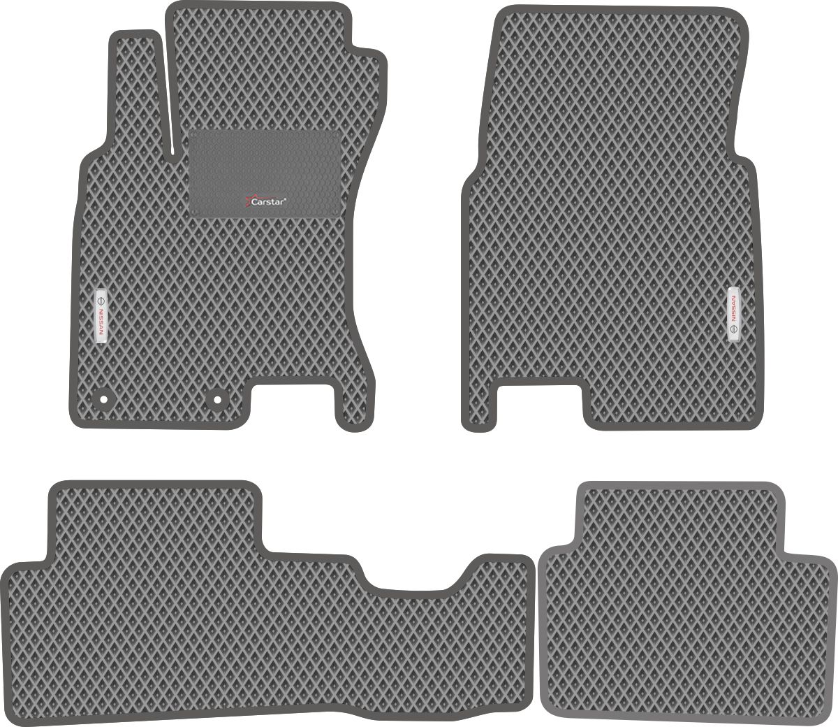 Автомобильные коврики EVA для Nissan Qashqai I (2006-2013), с каучуковым подпятником и 2 эмблемами Nissan, серые с серым кантом, ячейка - ромб