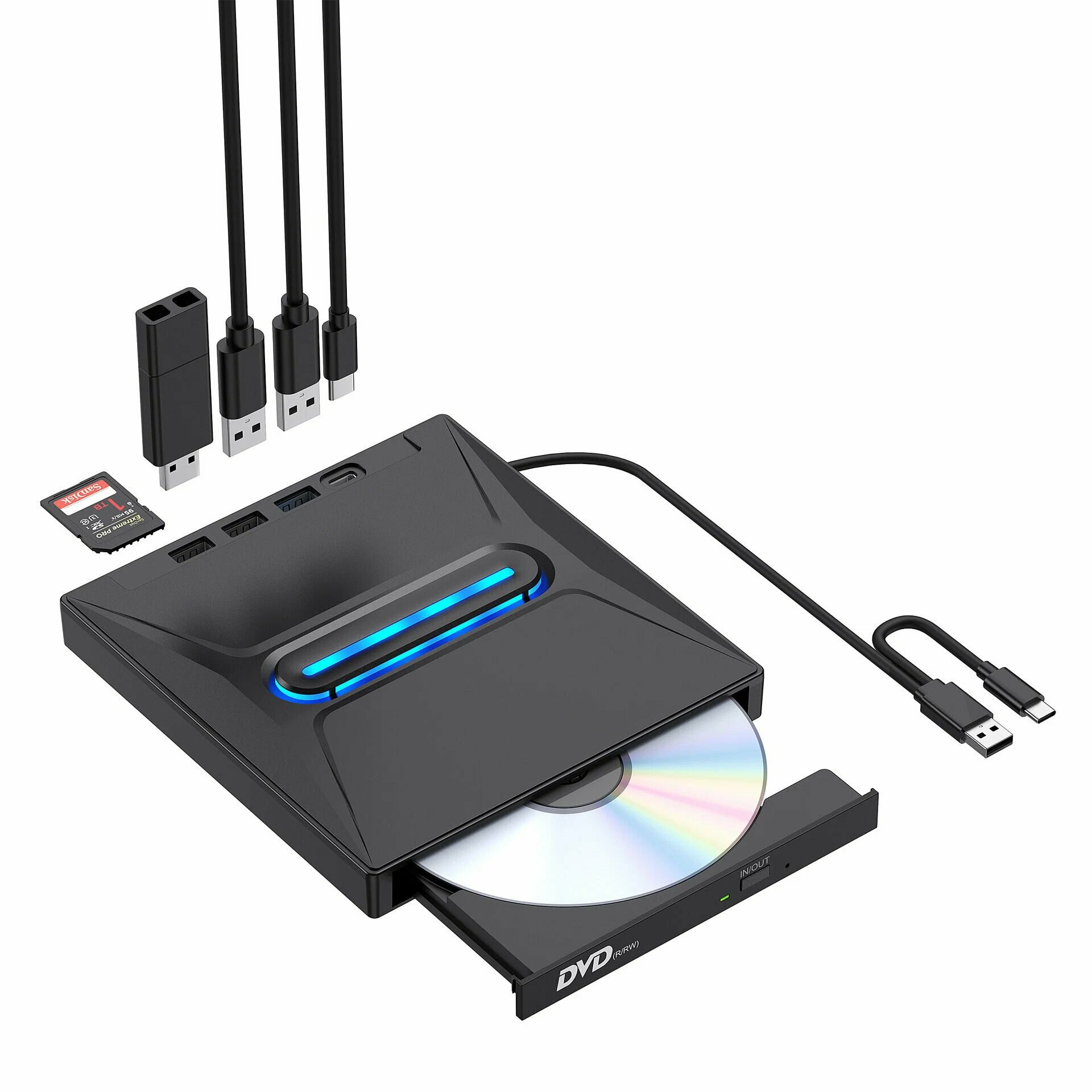 Многофункциональный внешний USB-оптический привод 6 в 1 с записью CD/DVD/Blu-ray, поддержка карт памяти и USB-хаб
