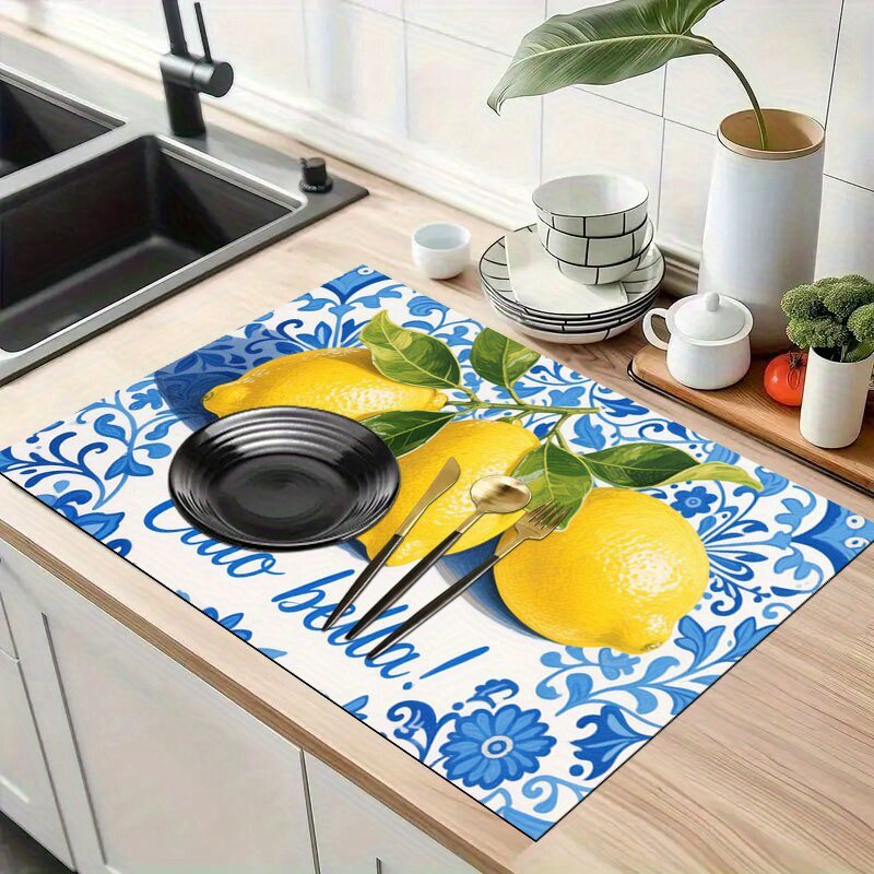 Диатомитовый впитывающий коврик для кофемашины и кухни с бирюзовым цветочно-лимонным узором, подставка для сушки посуды и защиты столешницы, 40x50 см, 1 шт.