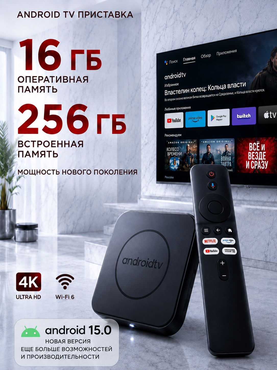 Смарт ТВ приставка для телевизора, 16/256 ГБ, Андроид 15 Android TV Box, Wi-Fi 6, медиаплеер 4K