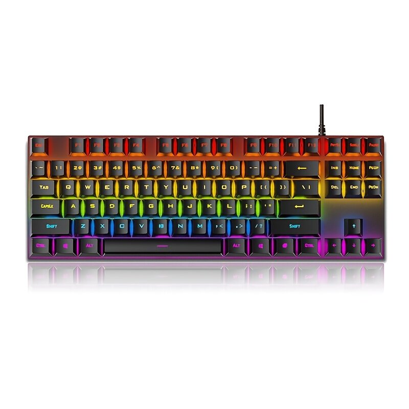 Механическая игровая клавиатура на 87 клавиш, проводная с интерфейсом USB Type-C, компактная металлическая модель с многоцветной RGB подсветкой, для ПК, цвет: черный