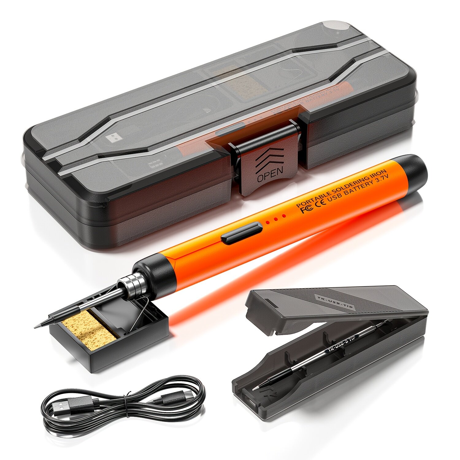 Портативный USB паяльник с 3 режимами нагрева, подставкой и кейсом, оранжевый