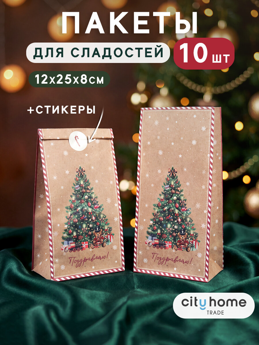 Пакет подарочный новогодний крафт для сладостей и небольших подарков, 12x25x8, набор 10шт