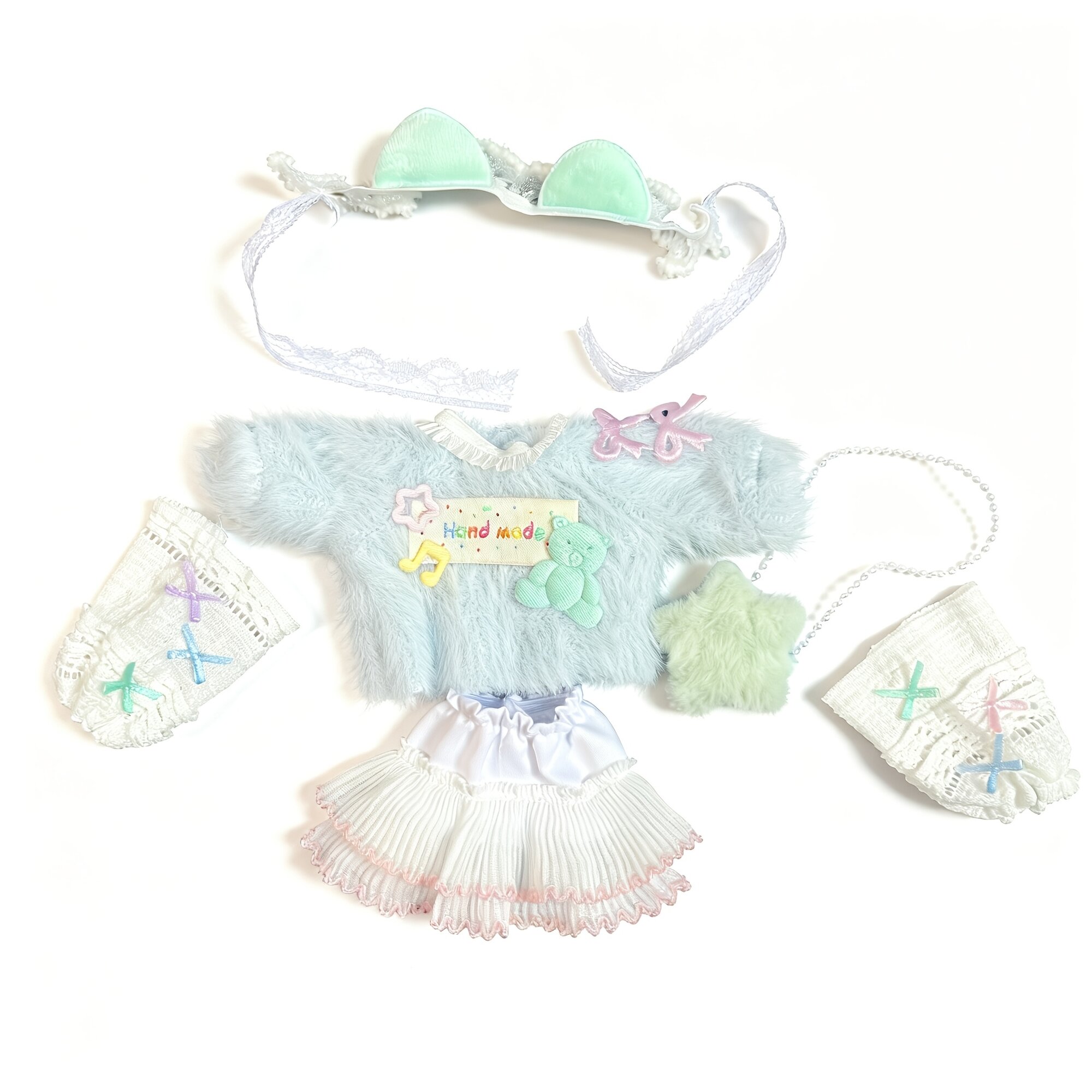 Комплект одежды для BJD куклы 1/6 (30-35 см) «Cat Ear & Star Dress» из 6 предметов: светло-голубая блуза, розовая юбка с оборками, повязка с кошачьими ушками, пара носков, сумка через плечо со звездами