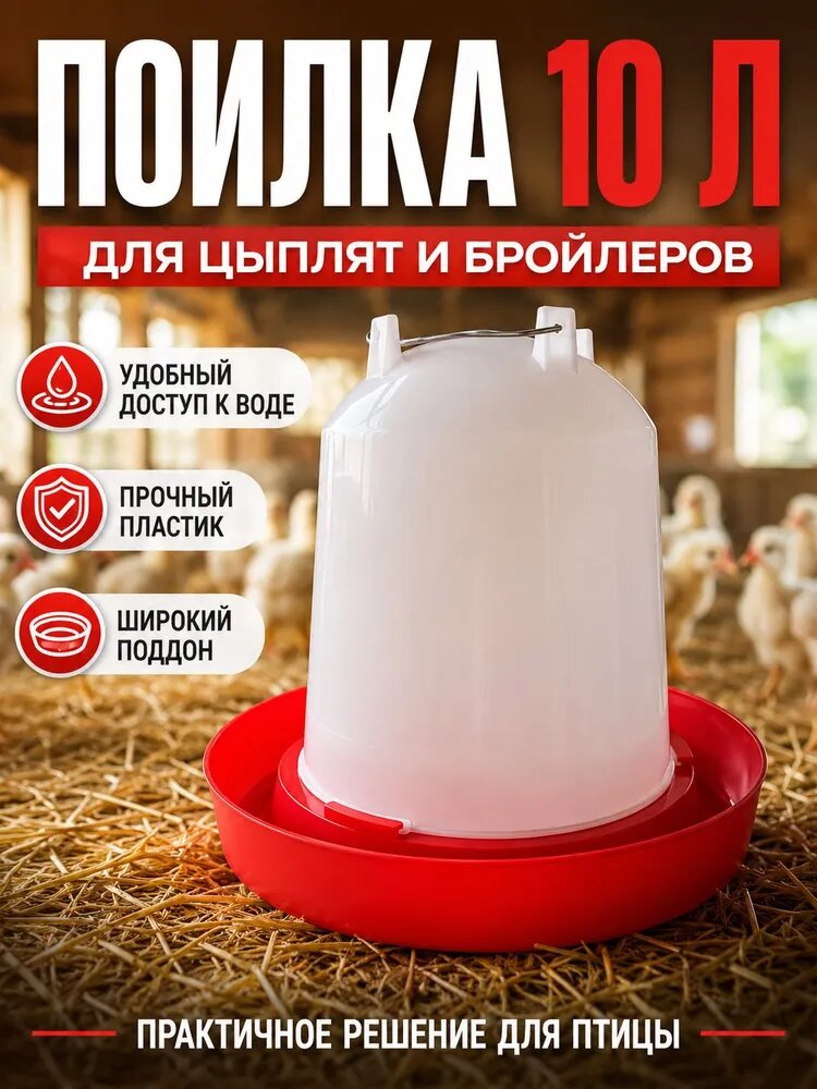 Поилка для цыплят бройлеров 10 л, поилка для бройлеров 10 литро, пластиковая с широким поддоном для домашней птицы