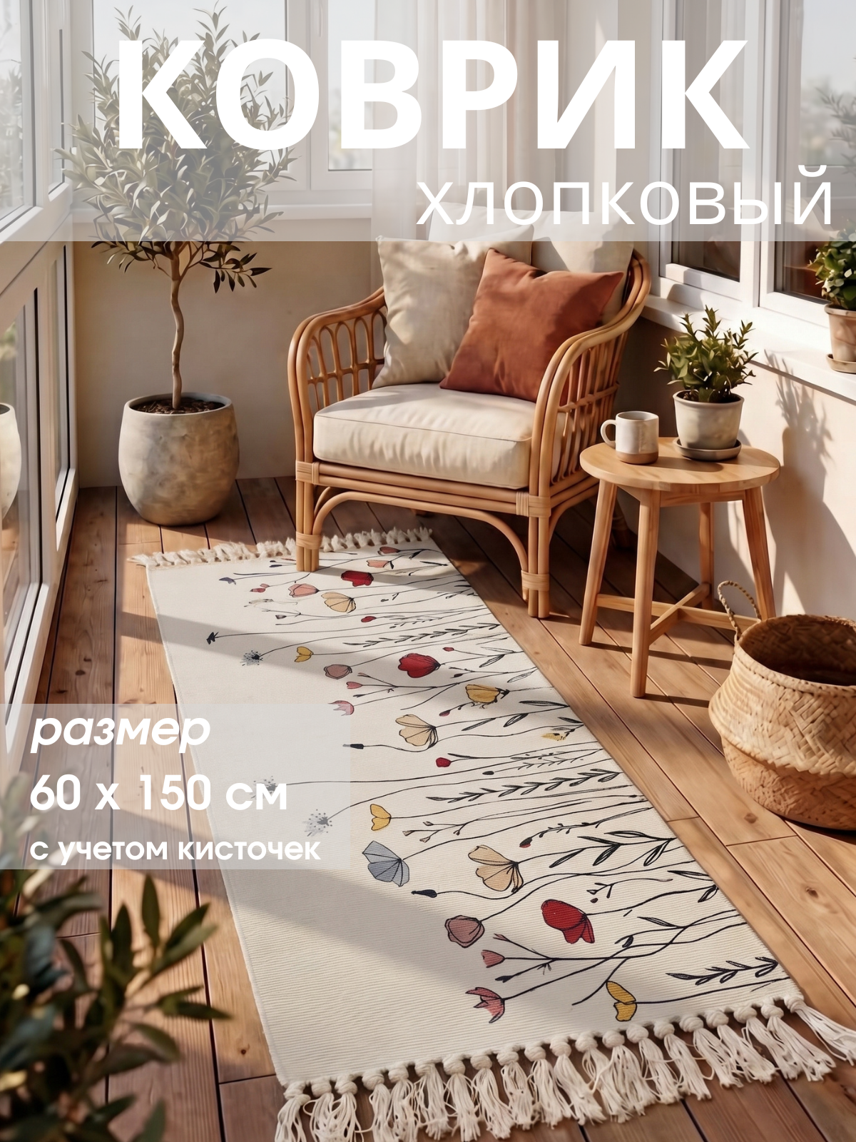 Коврик хлопковый без ворса интерьерный прикроватный, универсальный для дома, 60*150 см