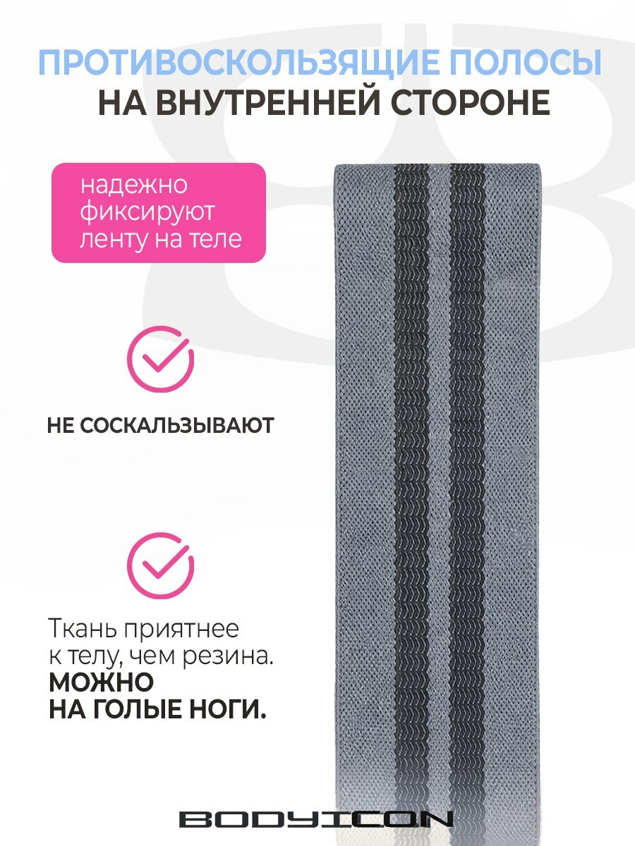 Фитнес резинки тканевые BODYICON с мешочком, комплект 3шт, резинки для фитнеса, серые — фото 1